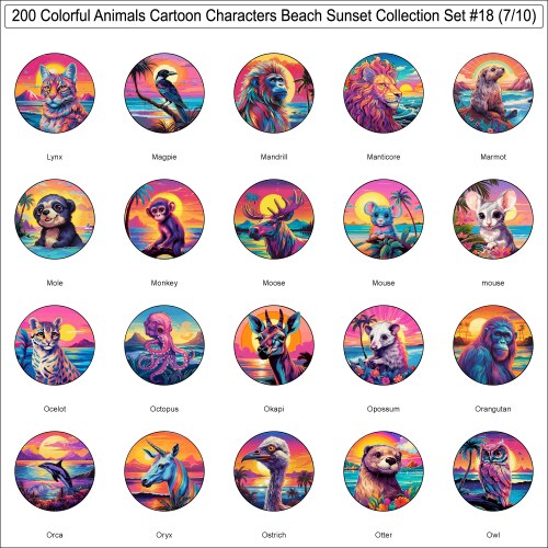 200 colorful animals cartoon characters beach Vector Image