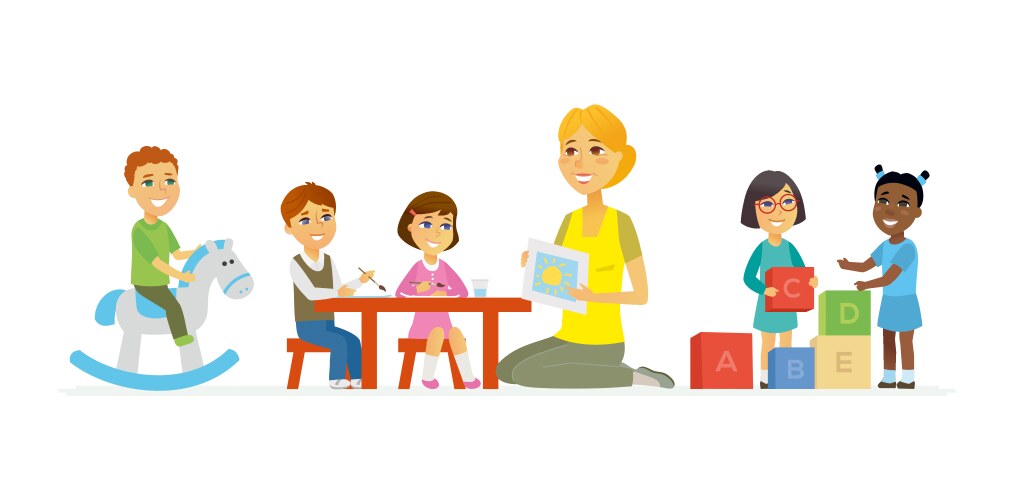 Kindergarten teacher with children - cartoon Vector Image