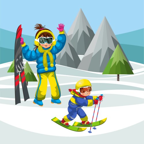 Cartoon instructor showing little child how to ski