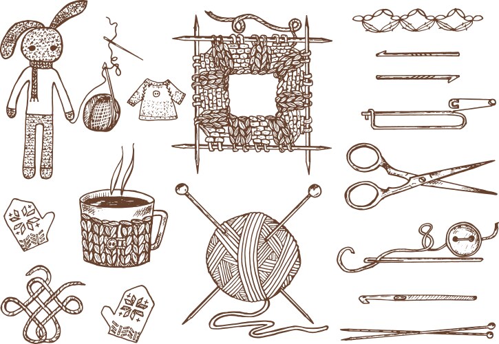 Knitting tools and threads isolated sketches Vector Image