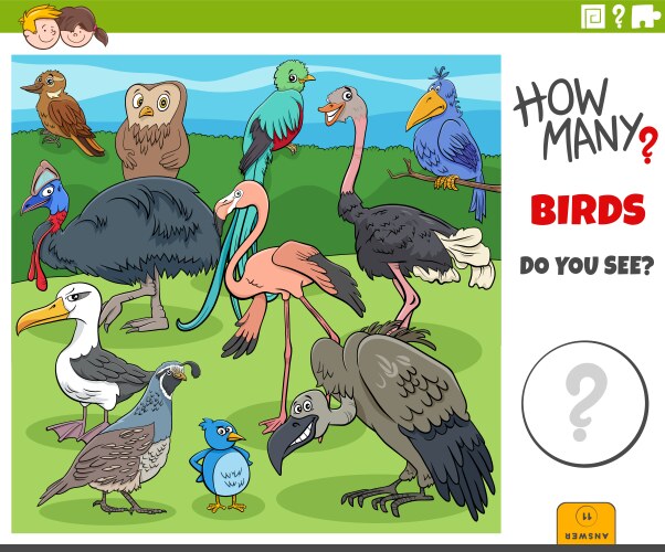 How many cartoon birds counting game coloring page