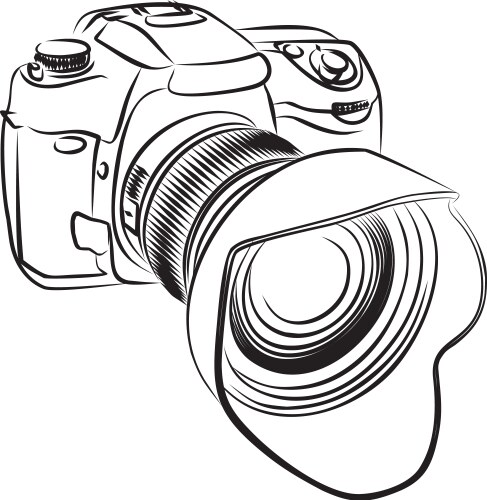 Photo camera with huge lens sketch Royalty Free Vector Image