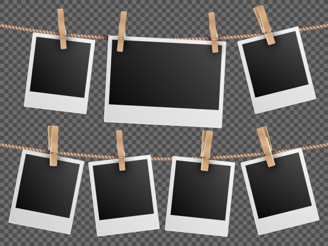 Photo frames with pins on rope Royalty Free Vector Image