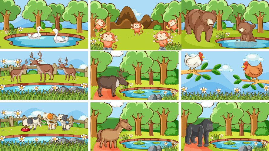 Different safari scenes with animals and kids Vector Image