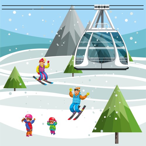 Cartoon instructor showing little child how to ski