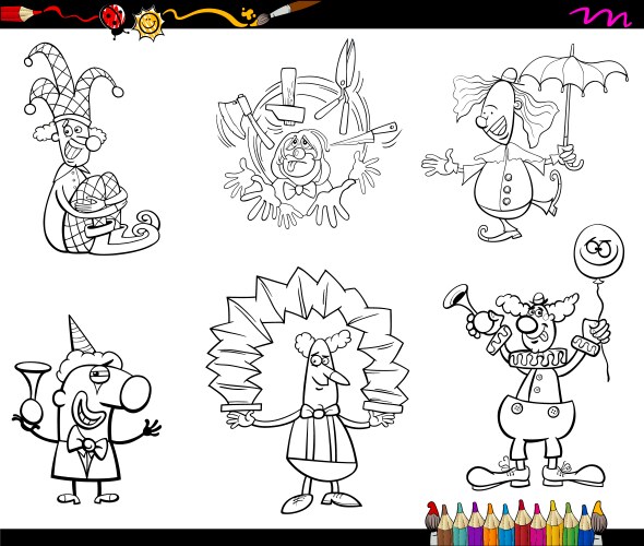 Cartoon clowns comic characters set coloring page Vector Image