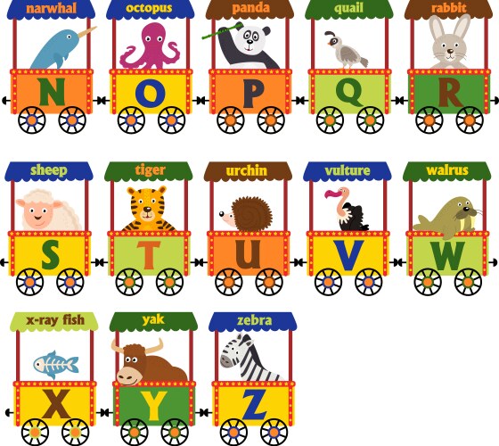 Alphabet card with transport and animals s to z Vector Image