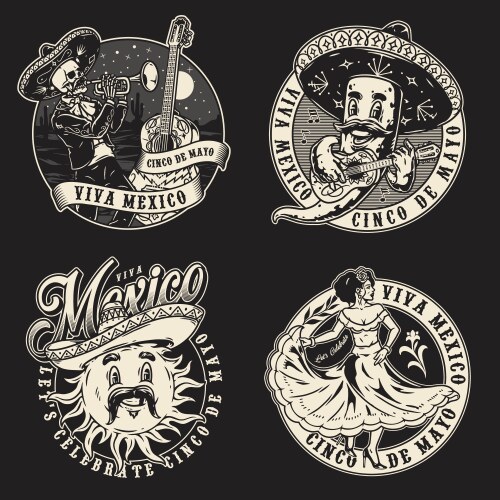 Mexican party monochrome labels set Royalty Free Vector