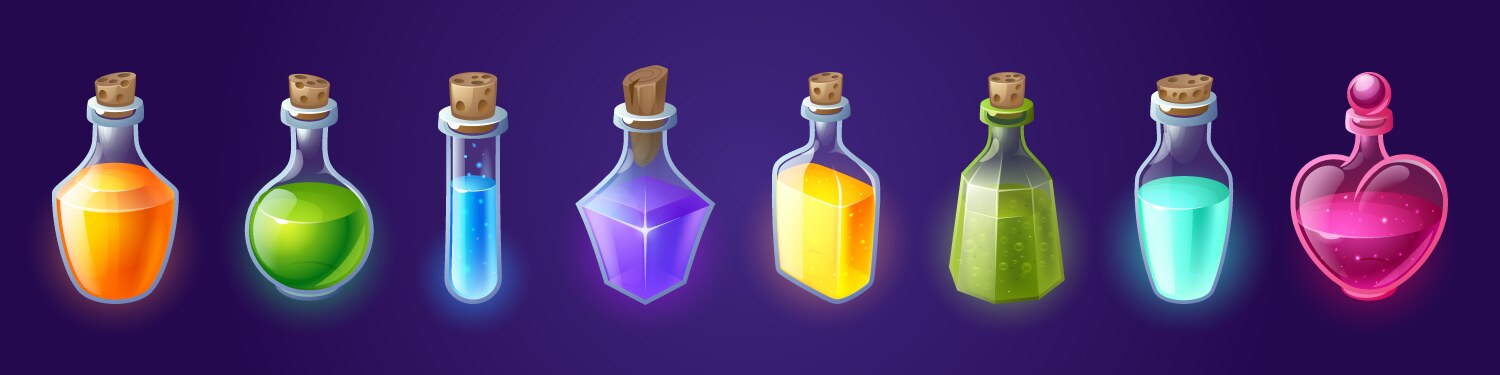 Cartoon game icons potion vials and magic elixirs Vector Image