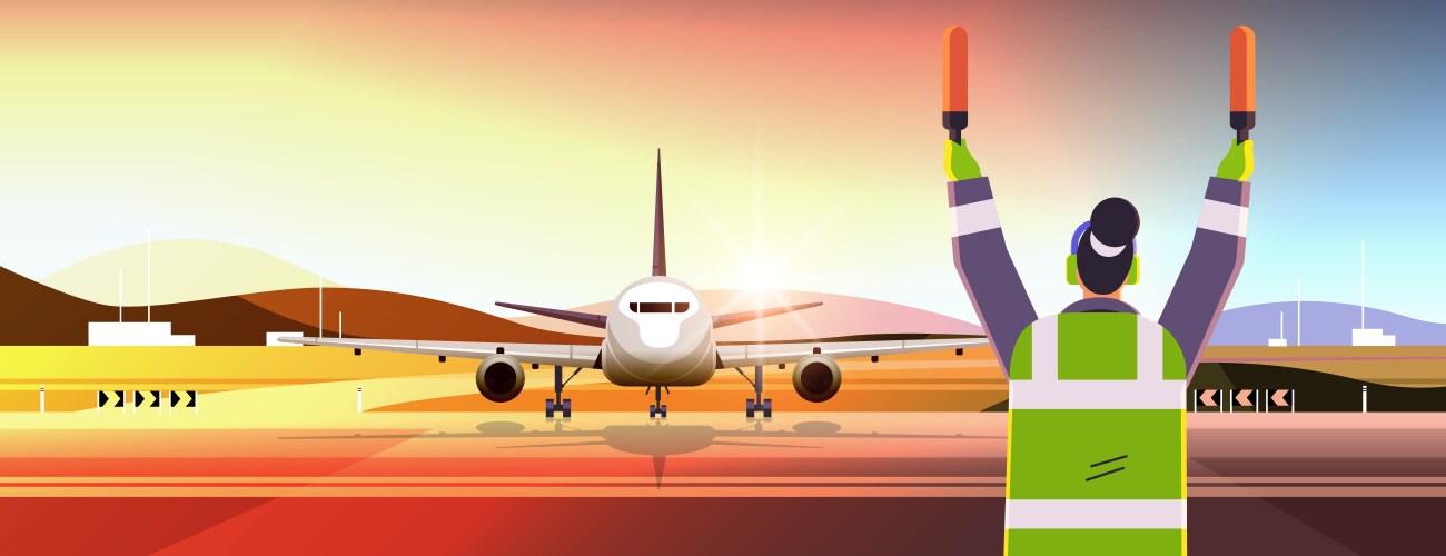 Aviation marshaller supervisor signaling near Vector Image