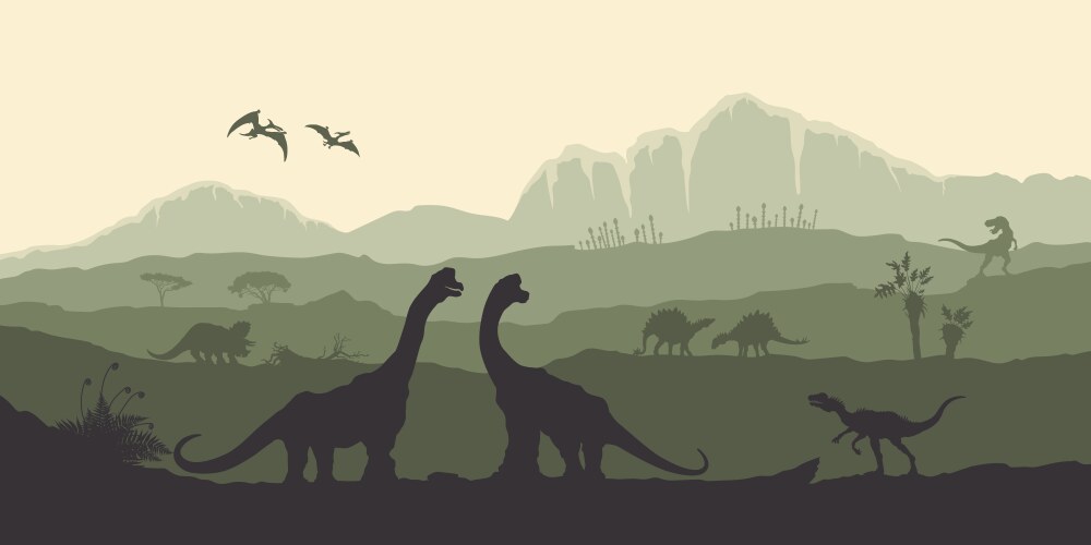 Jurassic landscape with dinosaur silhouettes Vector Image