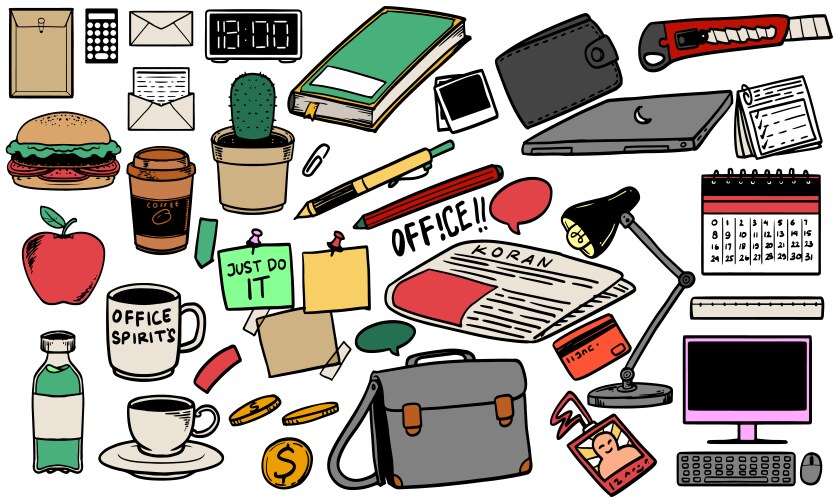 Office business doodle set of objects drawing Vector Image