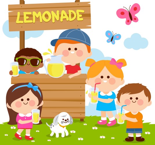 Happy children at lemonade stand in summer yard Vector Image
