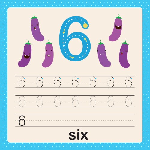 Number six card for kids learn to count and write Vector Image