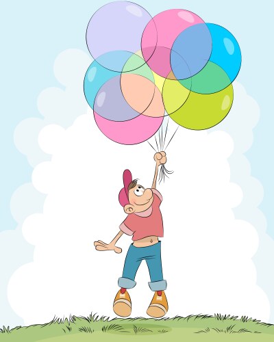 Cartoon boy with bunch of colorful balloons in his