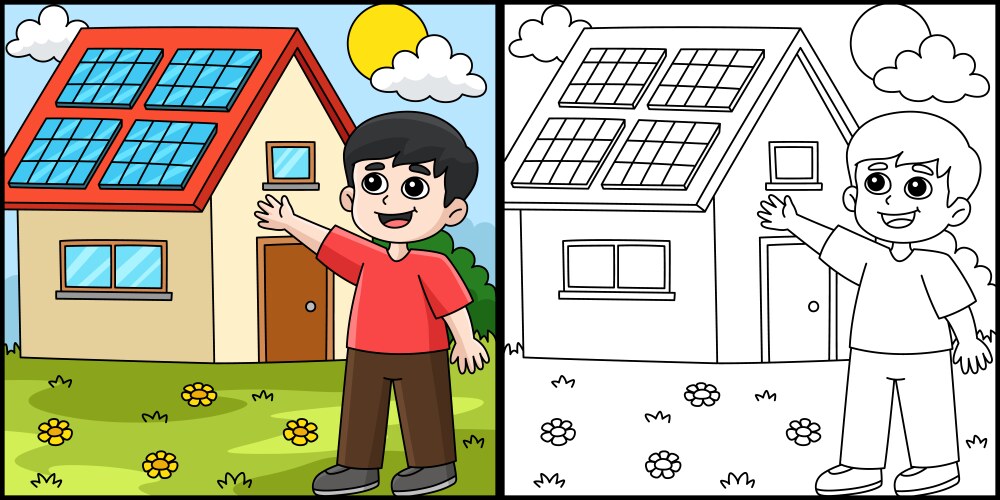 Solar panel house isolated coloring page for kids Vector Image