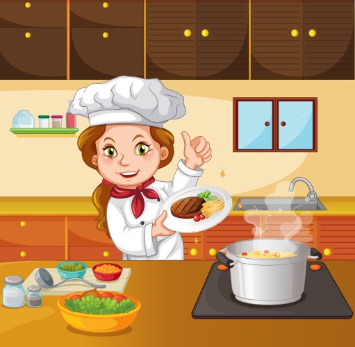 Chef girl is cooking Royalty Free Vector Image