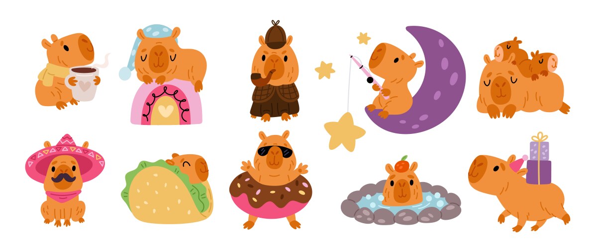 Cute capybara characters set cartoon Royalty Free Vector