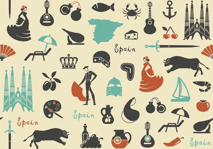 Symbols of spain in heart shape Royalty Free Vector Image