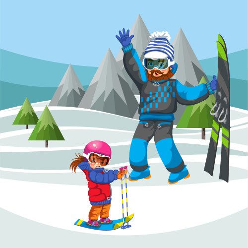 Cartoon instructor showing little child how to ski