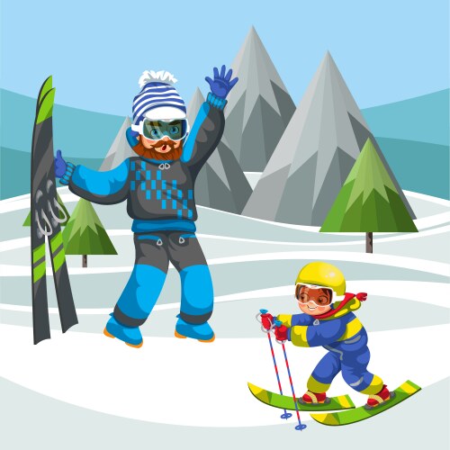 Cartoon instructor showing little child how to ski