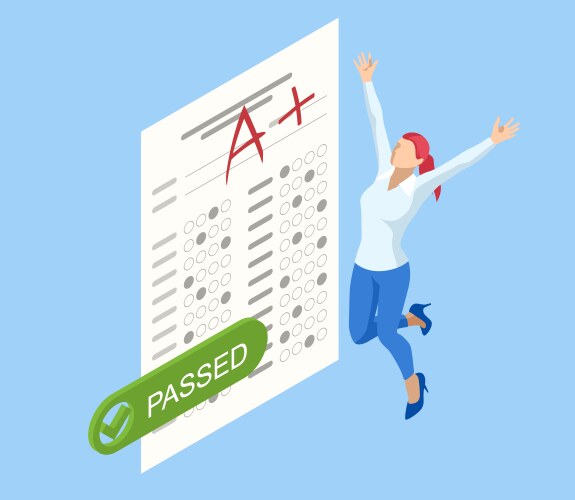 Female teacher holding tests with good a grade Vector Image