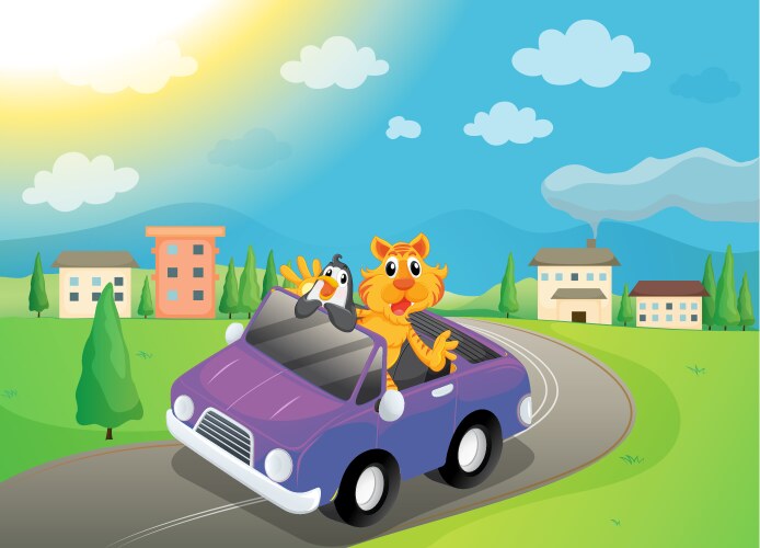 Animals traveling by car over the rainbow Vector Image