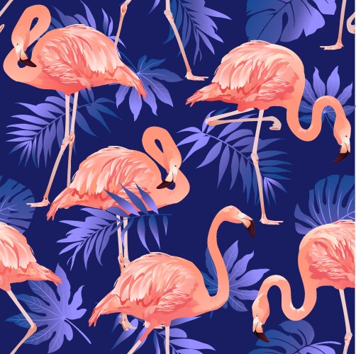 Pink flamingos exotic birds tropical palm leaves Vector Image