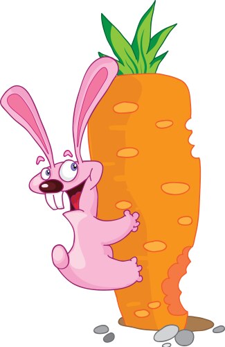 Little bunny holding carrot on tree stump Vector Image