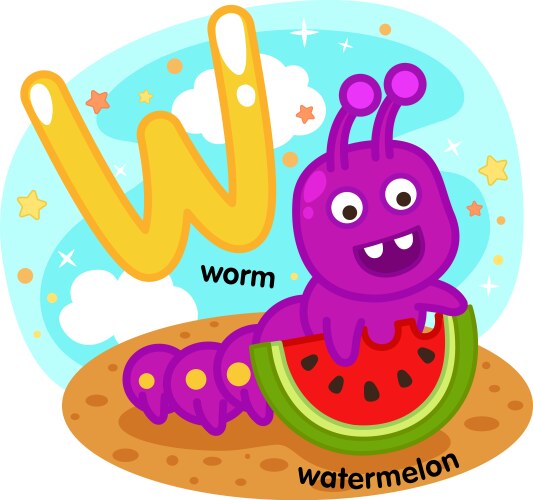 Alphabet letter w-watermelon worm whale Royalty Free Vector