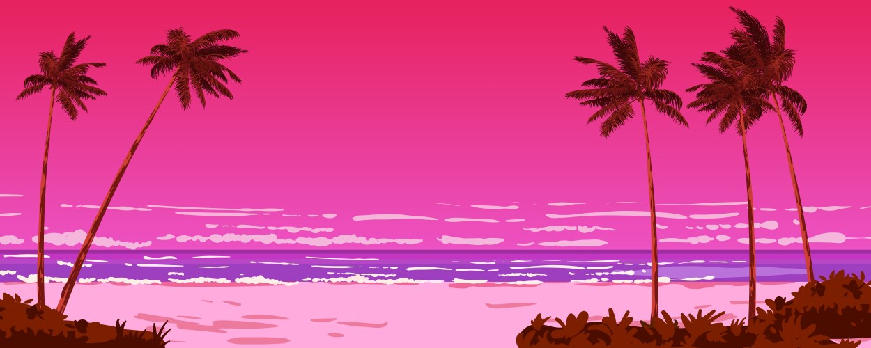 Sunset ocean view palms seashore horizon banner Vector Image