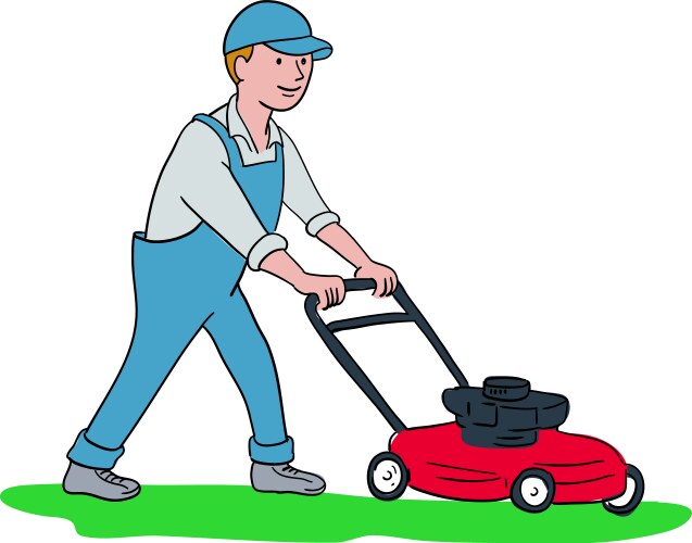 Gardener mowing lawn mower cartoon Royalty Free Vector Image
