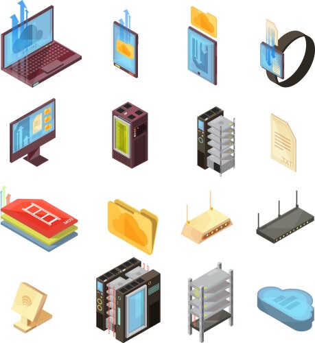 Computer parts isometric set isolated on white Vector Image