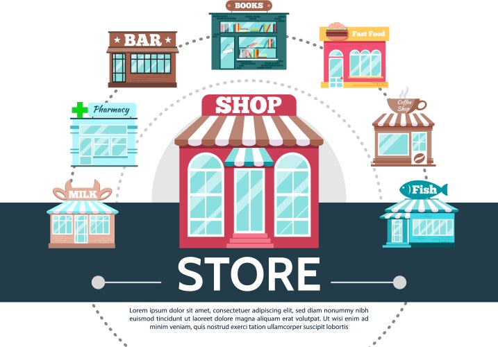 Shops and stores front icons set flat style Vector Image