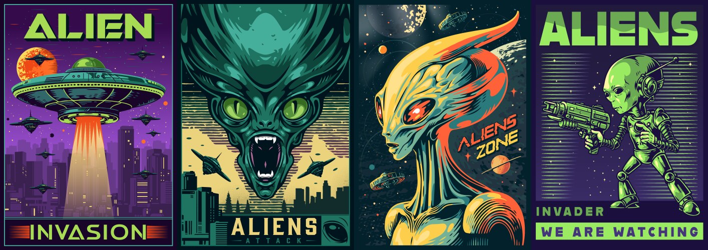 Alien invader colorful set flyers Royalty Free Vector Image