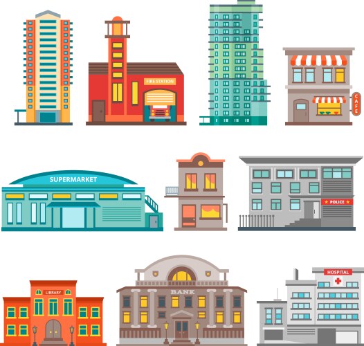 City buildings icon set Royalty Free Vector Image