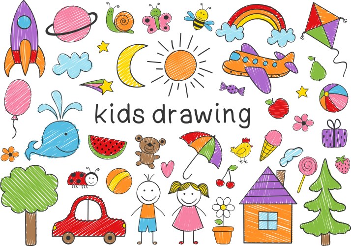 Children drawings colored crayon picture kids Vector Image