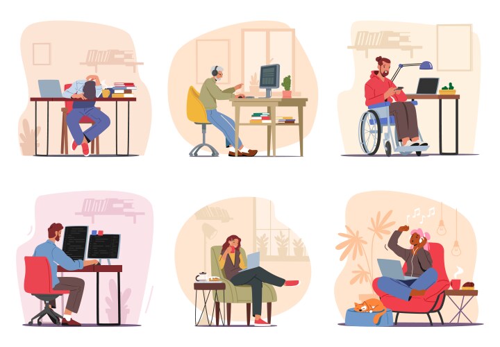 Characters engrossed in their computers focused Vector Image