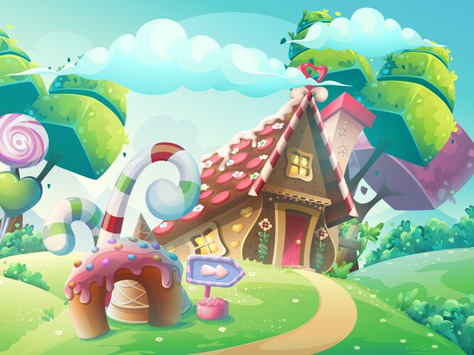 Cartoon candy land with gingerbread house Vector Image