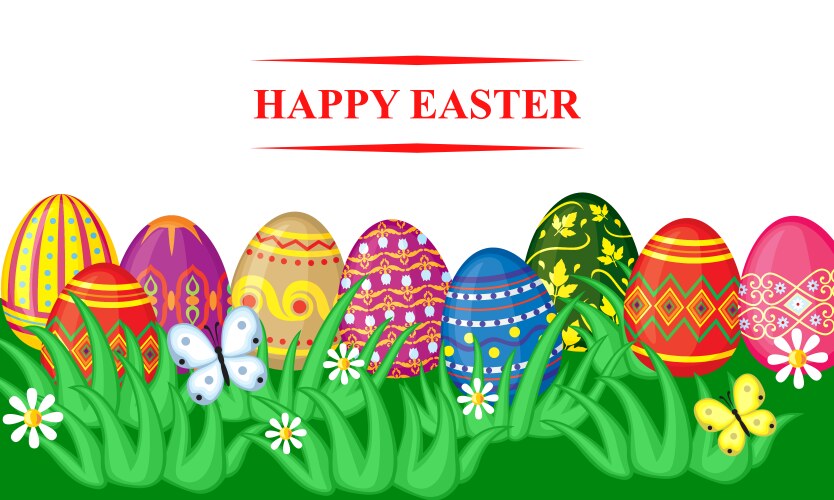 Easter colored eggs with pattern on green grass Vector Image