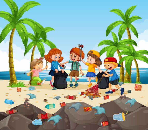 Garbage recycling kids protect environment Vector Image