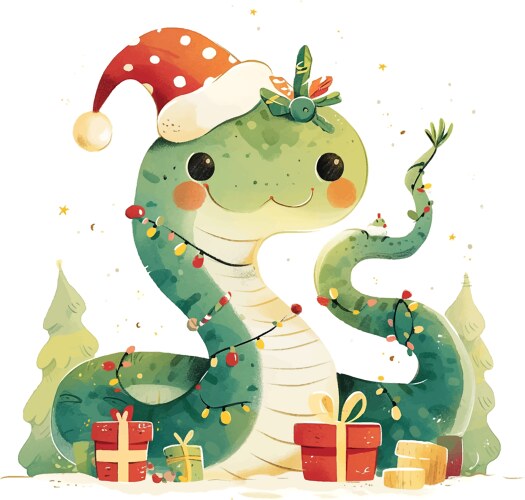2025 watercolor green snake wearing a santa hat Vector Image