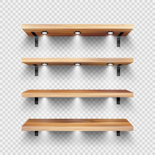 Realistic wooden store shelves with lighting Vector Image
