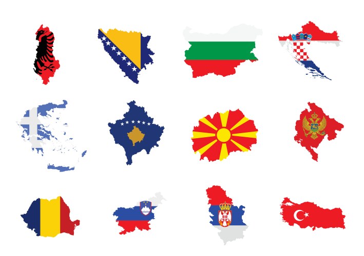 Balkan territory states map flags silhouette Vector Image