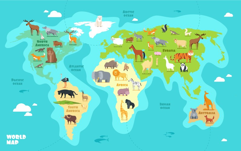 Asian map with wildlife animals Royalty Free Vector Image