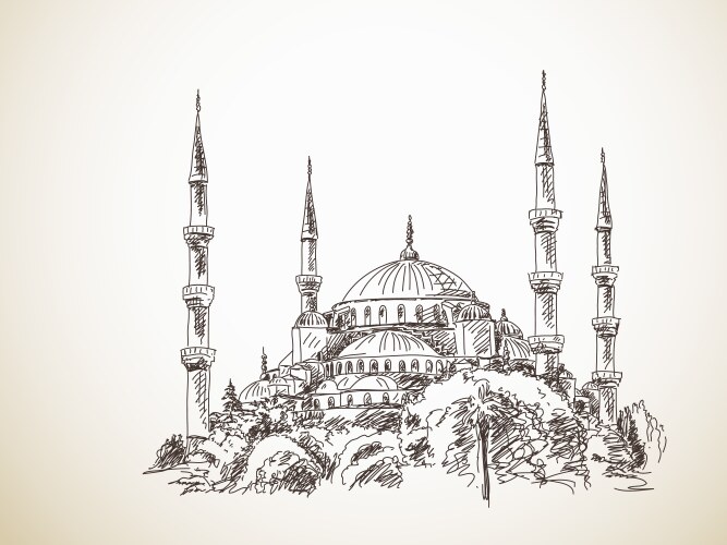 Mosque building line art sketch Royalty Free Vector Image