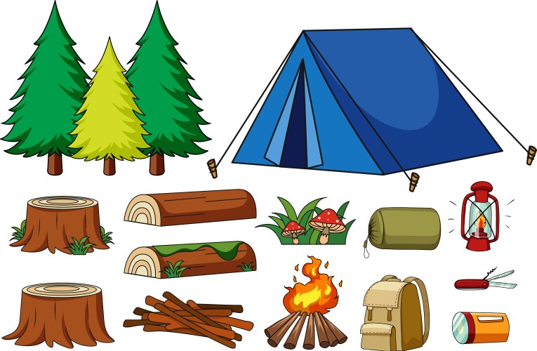 Camping adventure clipart set in round style Vector Image