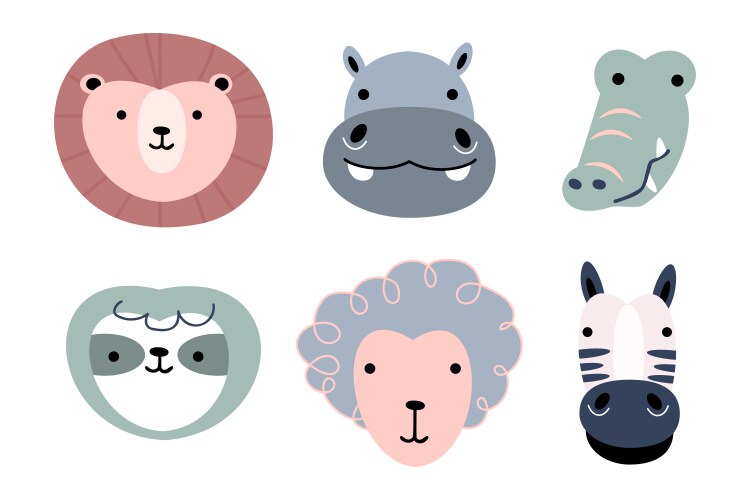 Cute animal heads collection flat style Royalty Free Vector