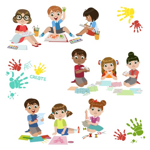 Kids paper craft happy creative children cut Vector Image