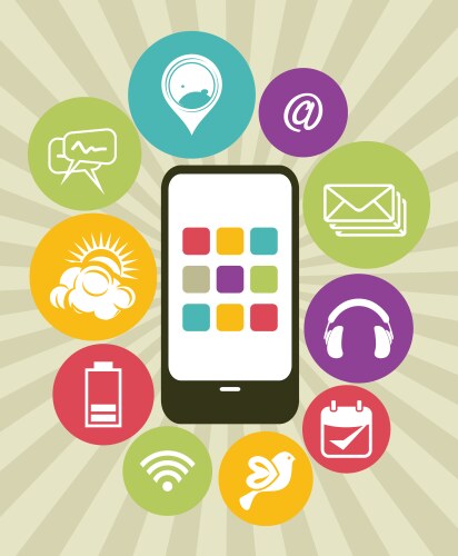 Phone with bright social media icons Royalty Free Vector